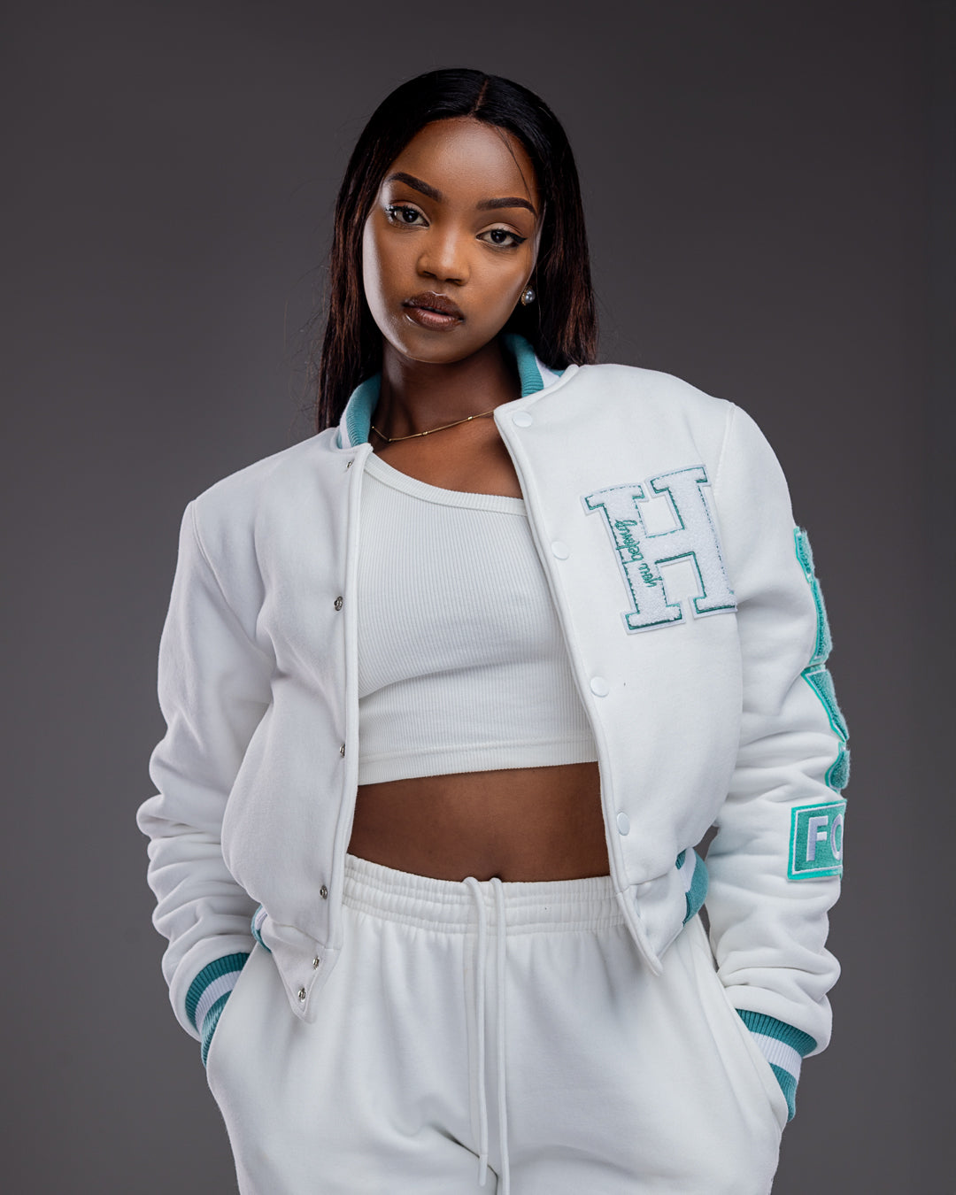 White & Cyan - Cropped Letterman Jacket (This is 33)